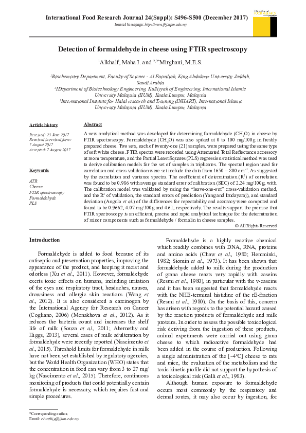 (PDF) Detection of formaldehyde in cheese using FTIR spectroscopy
