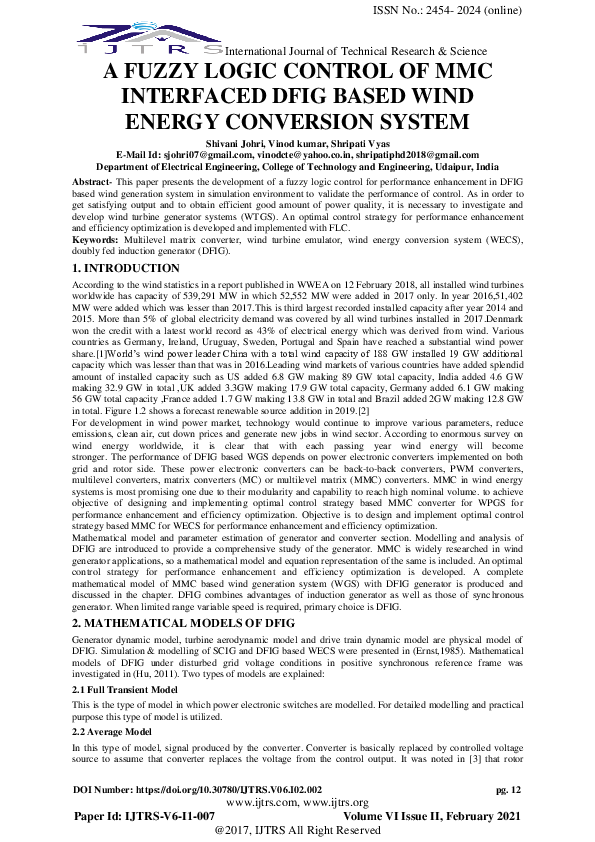 (PDF) a Fuzzy Logic Control of MMC Interfaced Dfig Based Wind Energy Conversion System