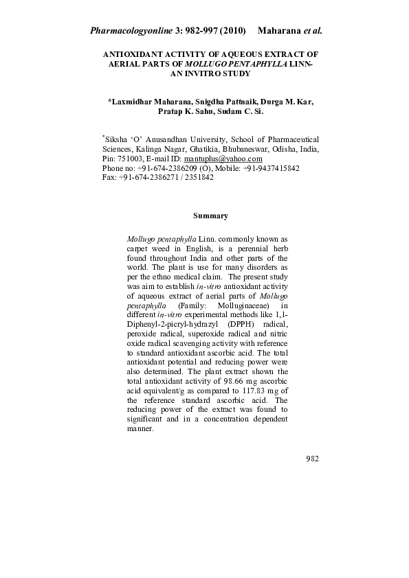 (PDF) Antioxidant Activity of Aqueous Extract of Aerial Parts of Mollugo Pentaphylla Linn-An ...