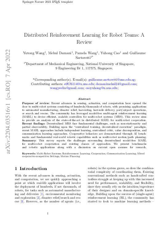 (PDF) Distributed Reinforcement Learning for Robot Teams: A Review