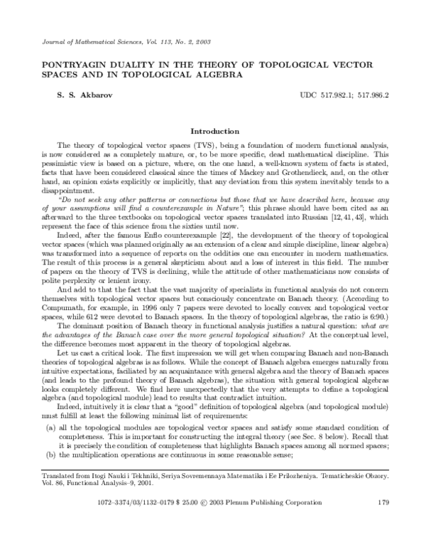(PDF) Pontryagin Duality in the Theory of Topological Vector Spaces and ...