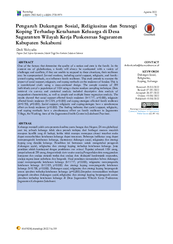 (PDF) Pengaruh Dukungan Sosial, Religiusitas dan Strategi Koping Terhadap Ketahanan Keluarga di ...