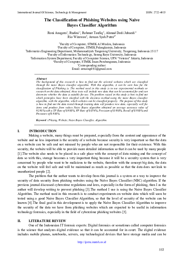 Pdf The Classification Of Phishing Websites Using Naive Bayes Classifier Algorithm