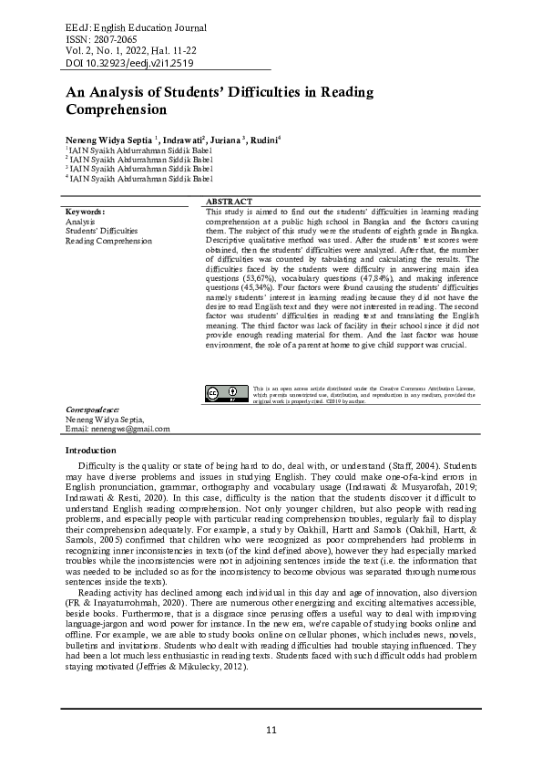 (PDF) An Analysis of Students’ Difficulties in Reading Comprehension
