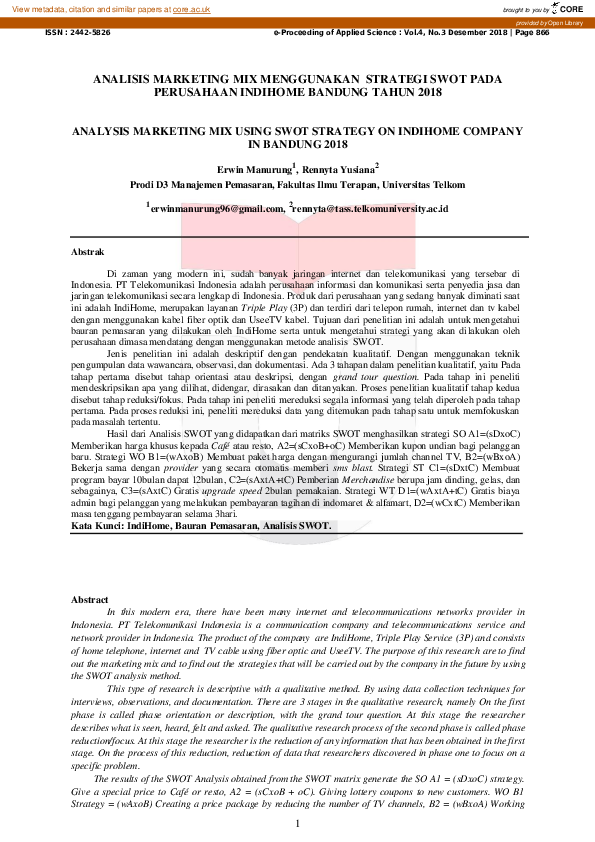 (PDF) Analisis Marketing Mix Menggunakan Strategi Swot Pada Perusahaan Indihome Bandung Tahun 2018