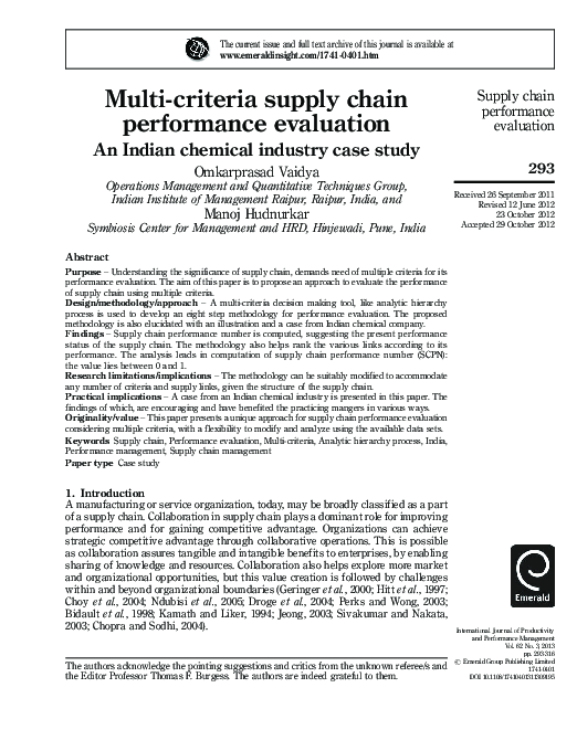 (PDF) Multi‐criteria supply chain performance evaluation