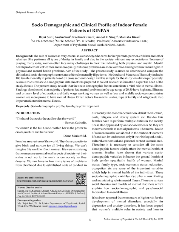 (PDF) Socio Demographic and Clinical Profile of Indoor Female Patients of RINPAS