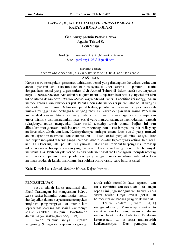 (PDF) Latar Sosial Dalam Novel Bekisar Merah Karya Ahmad Tohari