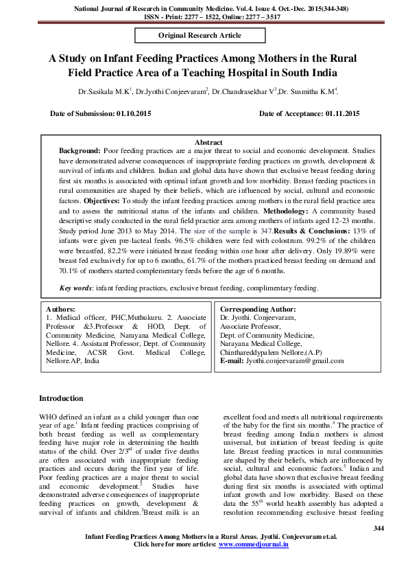 (PDF) A Study on Infant Feeding Practices among Mothers in Rural Field ...
