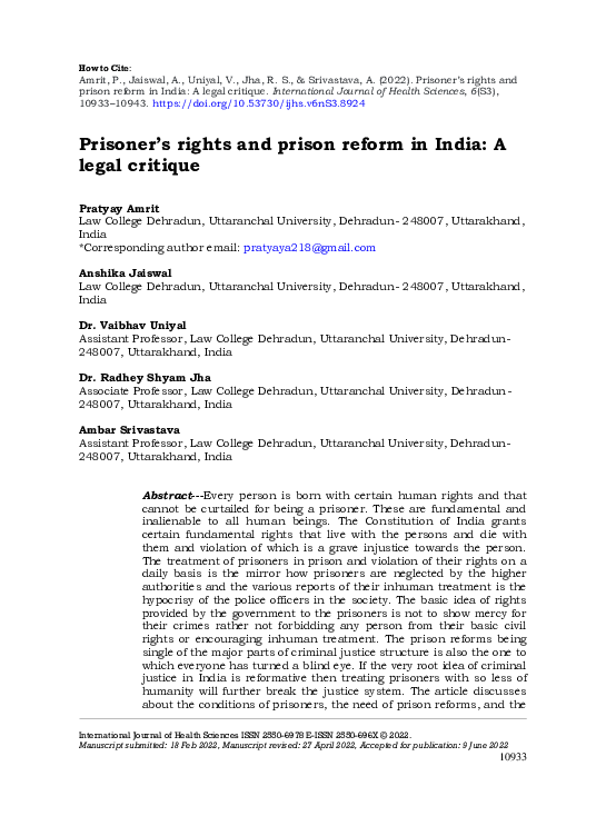 (PDF) Prisoner’s rights and prison reform in India