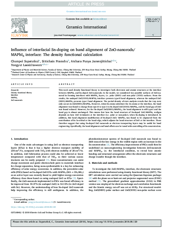(PDF) Influence of interfacial Sn-doping on band alignment of ZnO ...