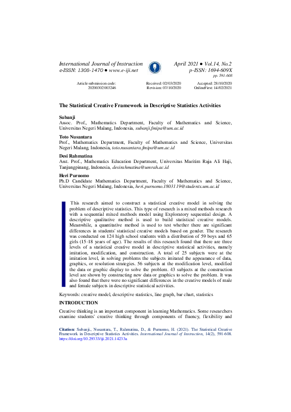 (PDF) The Statistical Creative Framework in Descriptive Statistics ...