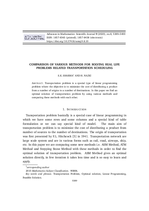 (PDF) Comparison of Various Methods for Solving Real Life Problems Related Transportation Scheduling