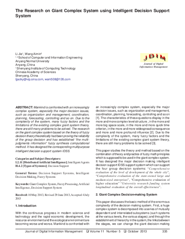 (PDF) The Research on Giant Complex System using Intelligent Decision Support System