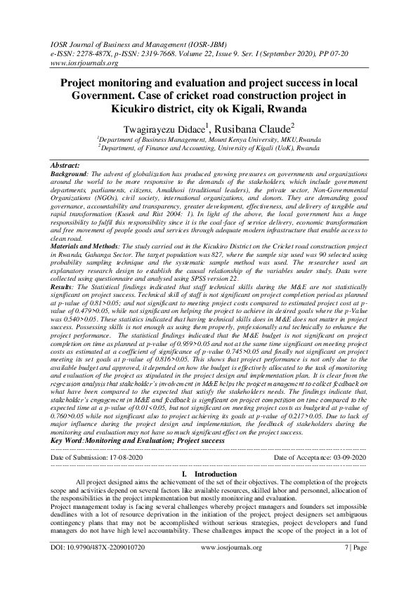 (PDF) Project Monitoring and Evaluation and Project Success in Local Government in Rwanda