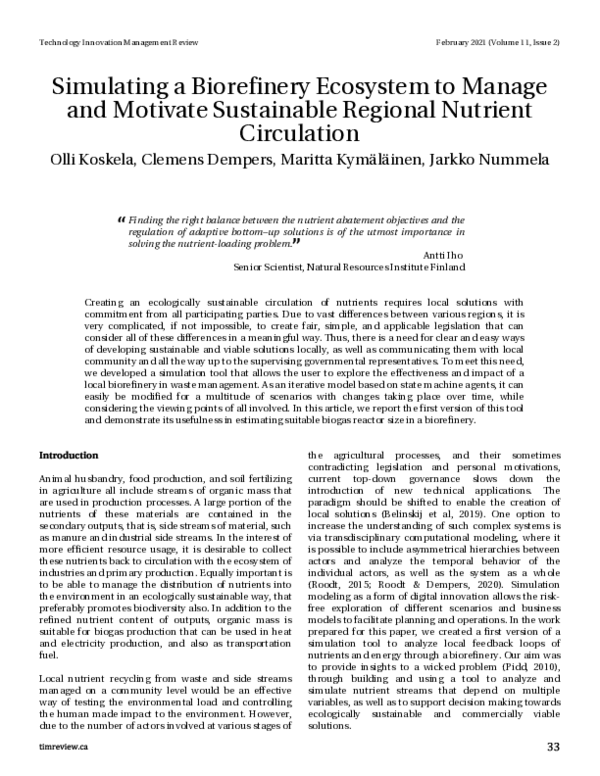 (PDF) Simulating a Biorefinery Ecosystem to Manage and Motivate Sustainable Regional Nutrient ...
