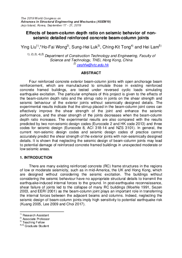 (PDF) Effects of beam-column depth ratio on seismic behaviour of non-seismic detailed reinforced ...