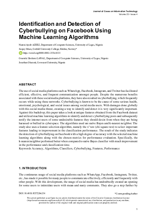 Pdf Identification And Detection Of Cyberbullying On Facebook Using