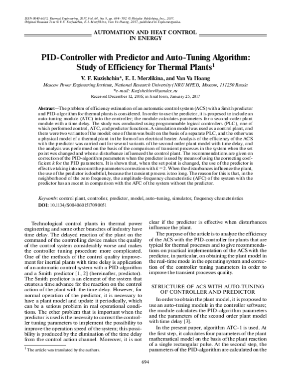 (PDF) PID-controller with predictor and auto-tuning algorithm: study of efficiency for thermal ...
