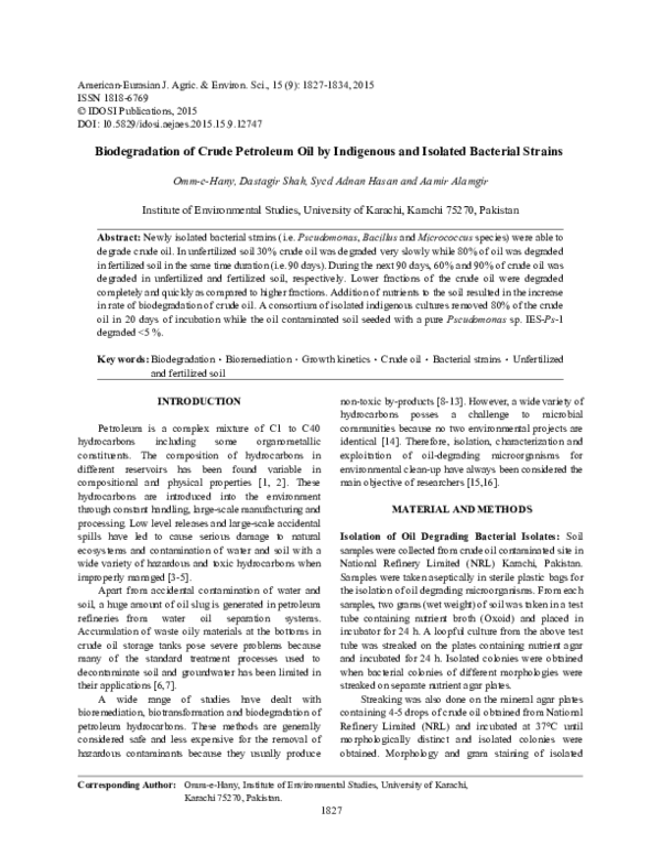 (PDF) Biodegradation of Crude Petroleum Oil by Indigenous and Isolated Bacterial Strains