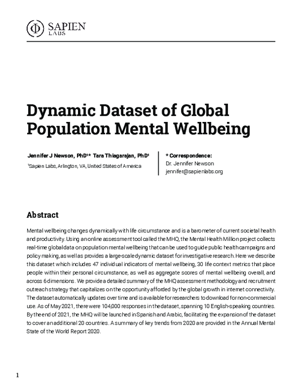 (PDF) Dynamic Dataset of Global Population Mental Wellbeing