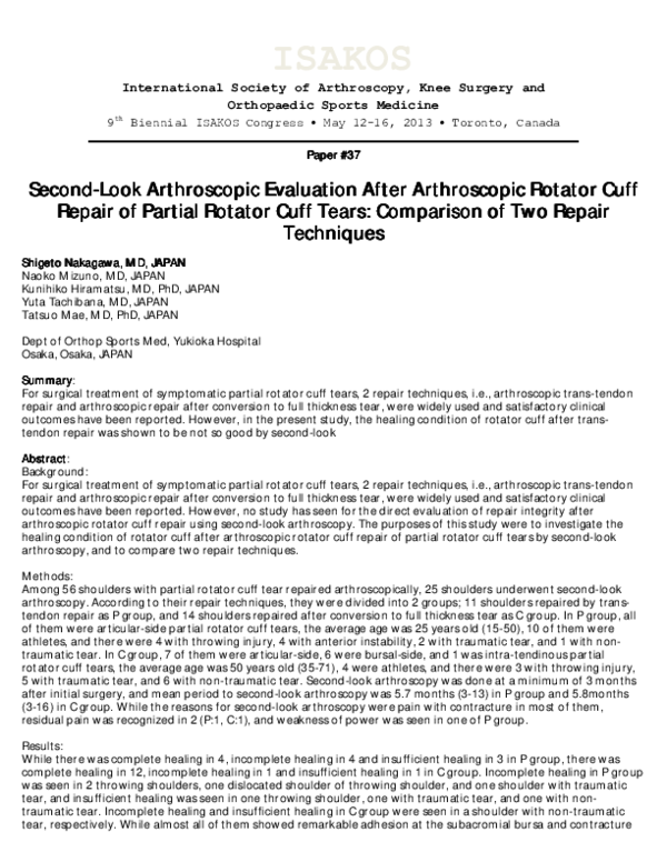 (PDF) Second-Look Arthroscopic Evaluation After Arthroscopic Rotator Cuff Repair of Partial ...
