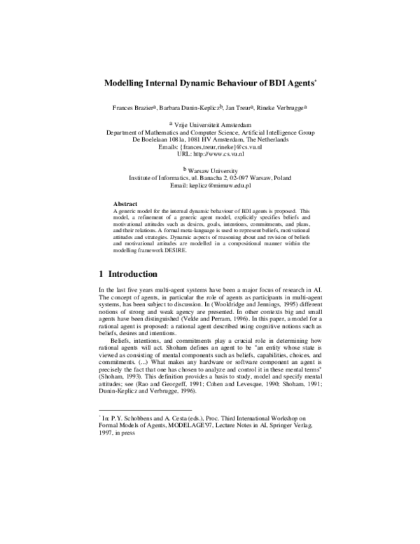 (PDF) Modelling Internal Dynamic Behaviour of BDI Agents