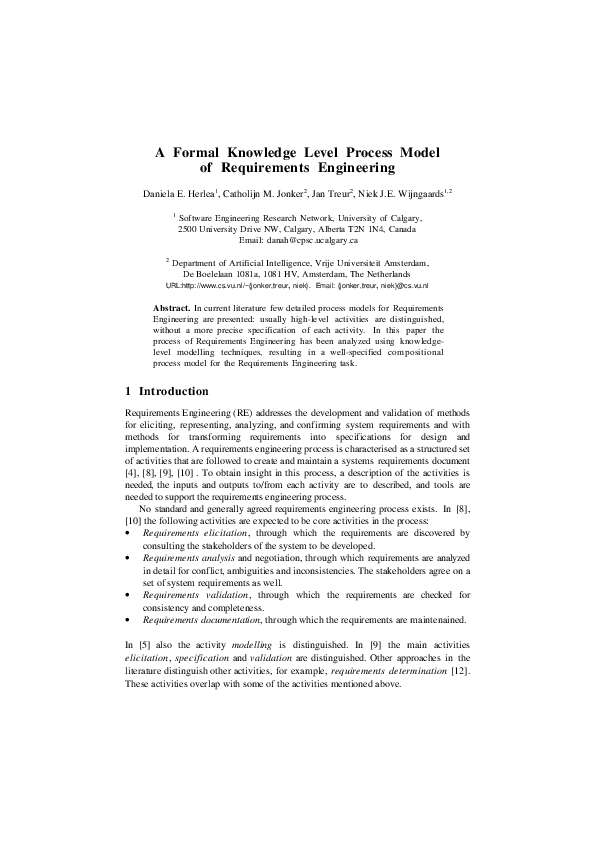 (PDF) A Formal Knowledge Level Process Model of Requirements Engineering | Jan Treur - Academia.edu