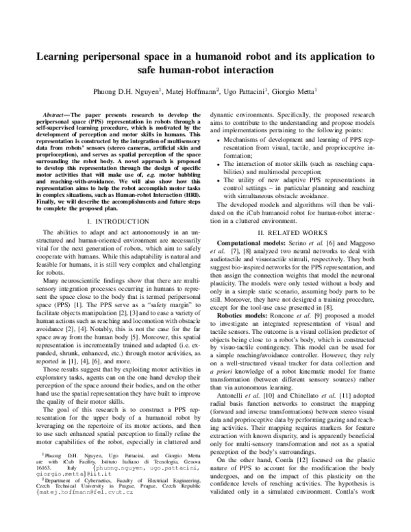 (PDF) Learning peripersonal space in a humanoid robot and its application to safe human-robot ...
