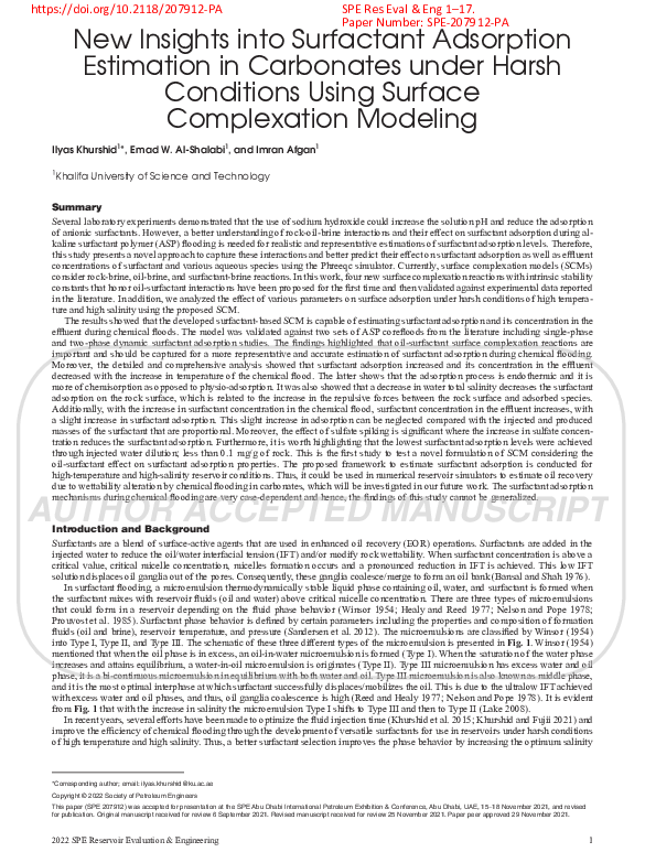 Pdf New Insights Into Surfactant Adsorption Estimation During Asp Flooding In Carbonates Under