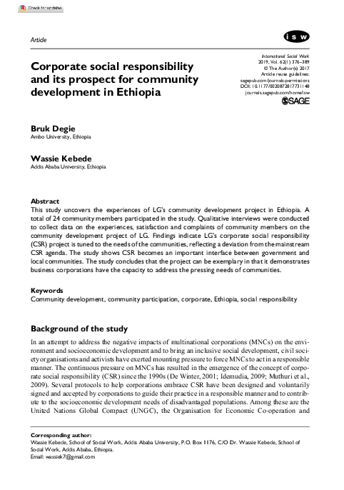 (PDF) Corporate social responsibility and its prospect for community development in Ethiopia