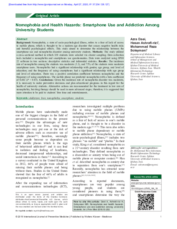 (PDF) Nomophobia and health hazards: Smartphone use and addiction among ...