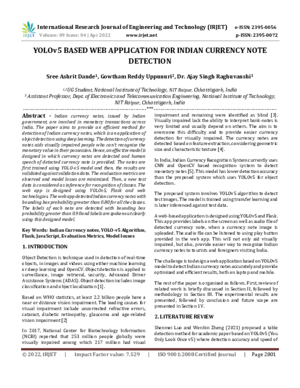 (PDF) YOLOv5 BASED WEB APPLICATION FOR INDIAN CURRENCY NOTE DETECTION