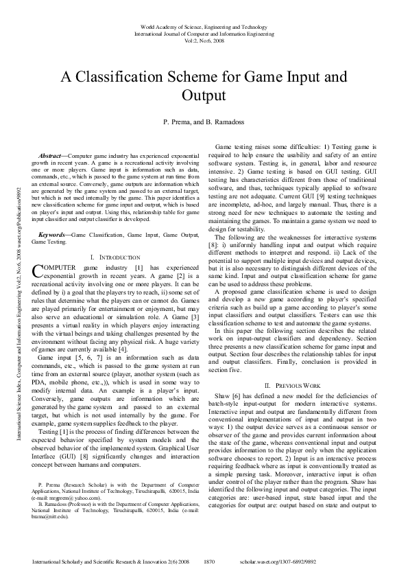 (PDF) A Classification Scheme For Game Input And Output | RAMADOSS ...