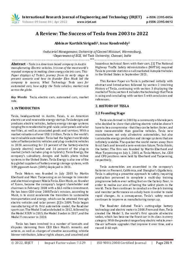 (PDF) A Review: The Success of Tesla from 2003 to 2022
