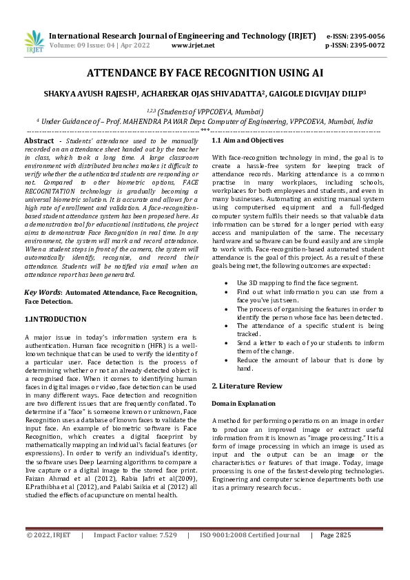 (PDF) ATTENDANCE BY FACE RECOGNITION USING AI (PDF) ATTENDANCE BY FACE RECOGNITION USING AI