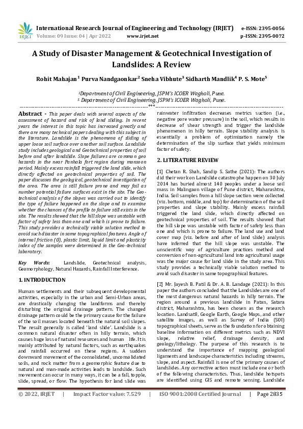 (PDF) A Study of Disaster Management & Geotechnical Investigation of Landslides: A Review