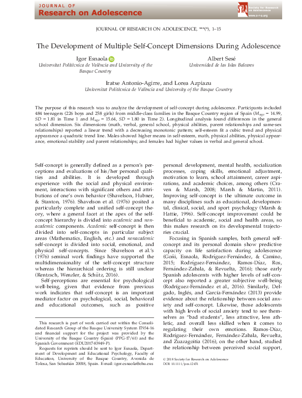 (PDF) The Development of Multiple Self‐Concept Dimensions During ...