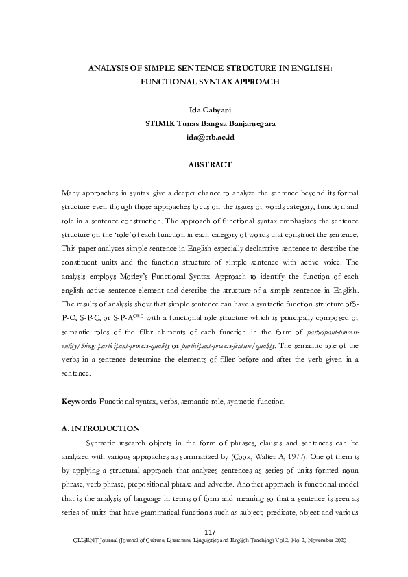 Pdf Analysis Of Simple Sentence Structure In English Functional Syntax Approach