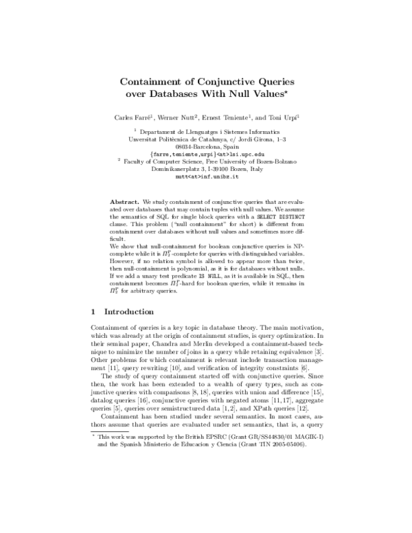 Pdf Containment Of Conjunctive Queries Over Databases With Null Values Toni Urpí