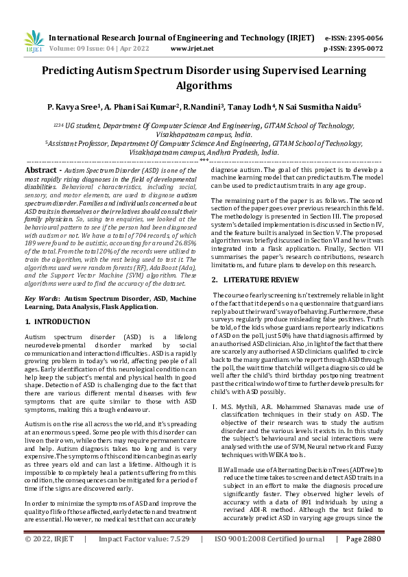 Pdf Predicting Autism Spectrum Disorder Using Supervised Learning Algorithms