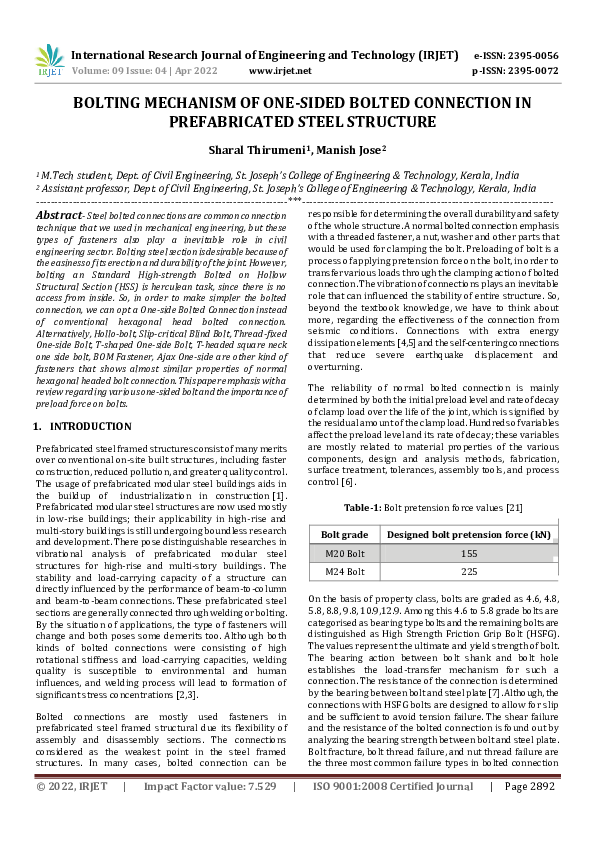 (PDF) BOLTING MECHANISM OF ONE-SIDED BOLTED CONNECTION IN PREFABRICATED ...