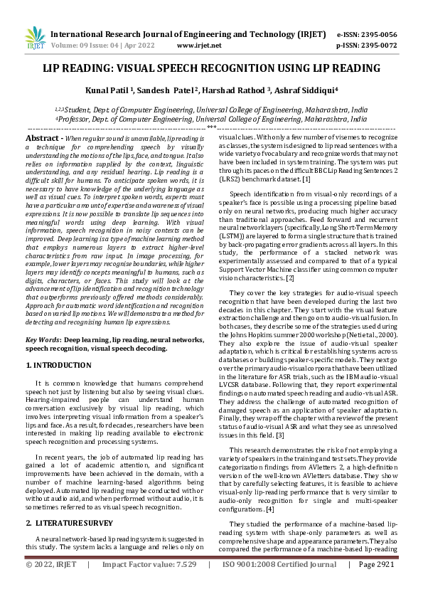 (PDF) LIP READING: VISUAL SPEECH RECOGNITION USING LIP READING
