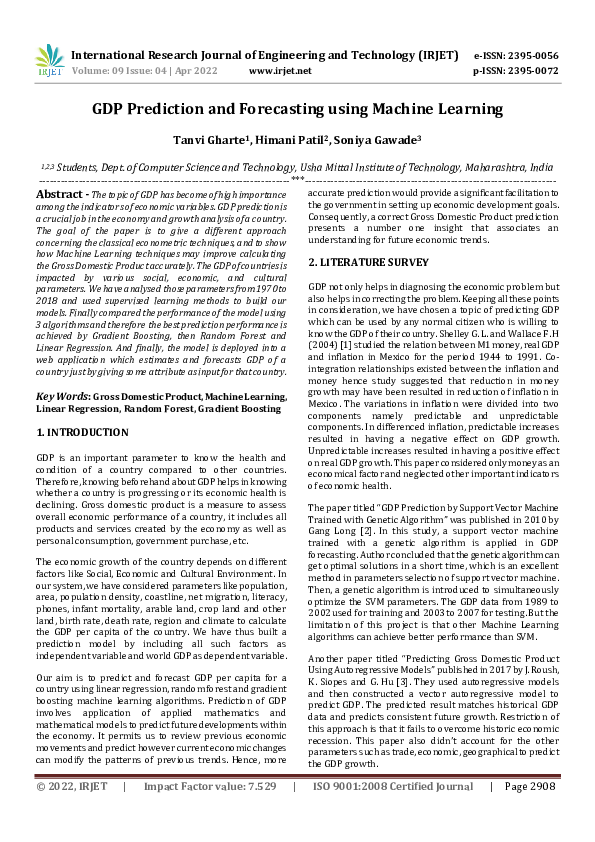 Pdf Gdp Prediction And Forecasting Using Machine Learning