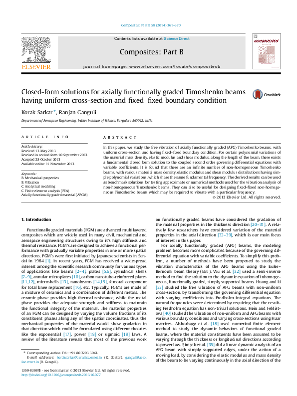 (PDF) Closed-form solutions for axially functionally graded Timoshenko beams having uniform ...