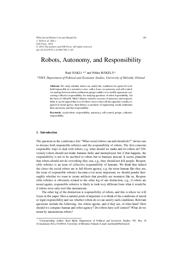 (PDF) Robots, Autonomy, and Responsibility