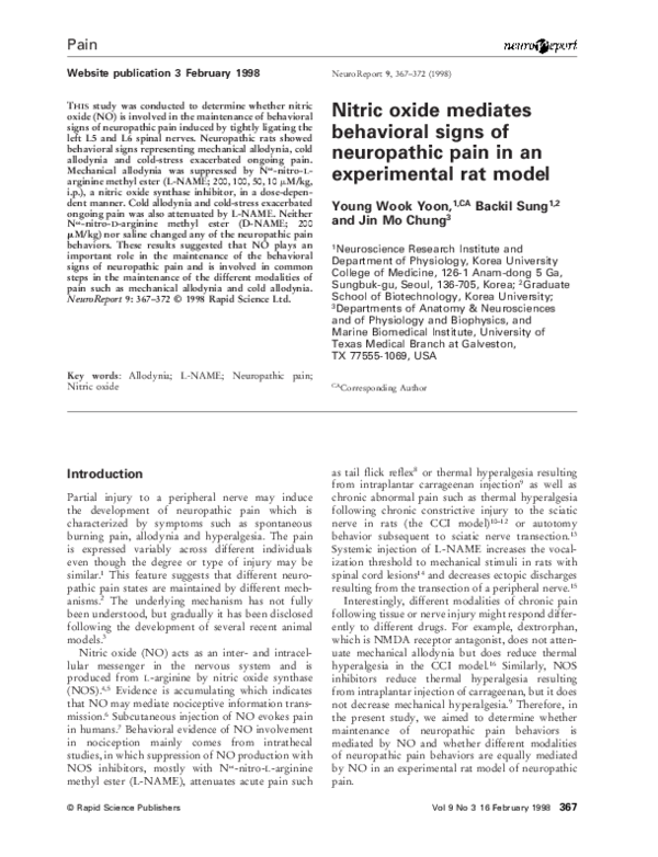 (PDF) Nitric oxide mediates behavioral signs of neuropathic pain in an ...