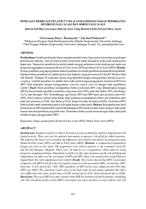 (PDF) Elderly Fall Risk Assessment (Elderly) Scale using Hendrich Falls ...