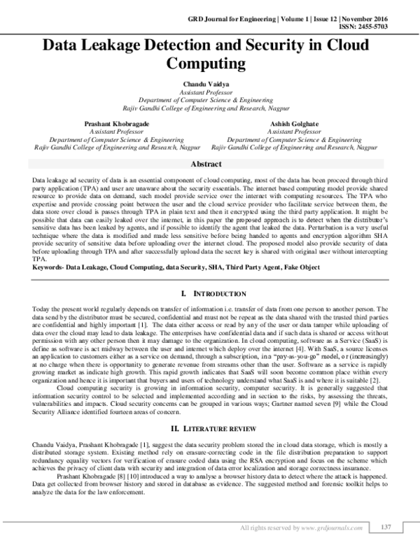 (PDF) Data Leakage Detection and Security Using Cloud Computing