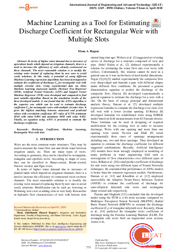 Pdf Machine Learning As A Tool For Estimating Discharge Coefficient For Rectangular Weir With